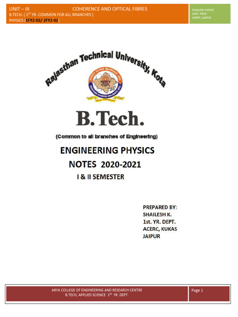 Physics B.tech Notes | Download Free PDF | Optical Fiber | Coherence ...