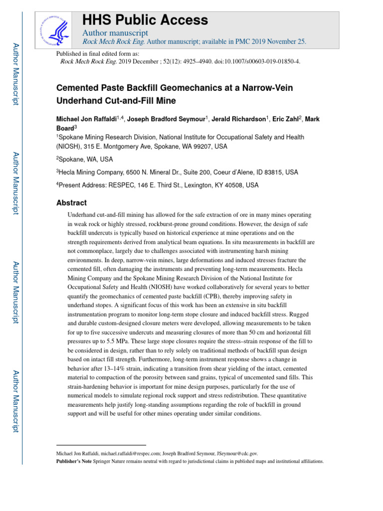HHS Public Access: Cemented Paste Backfill Geomechanics at A Narrow ...
