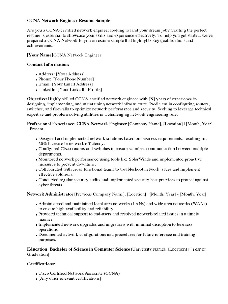 Ccna Network Engineer Resume Sample | PDF | Cisco Certifications | Computer Network