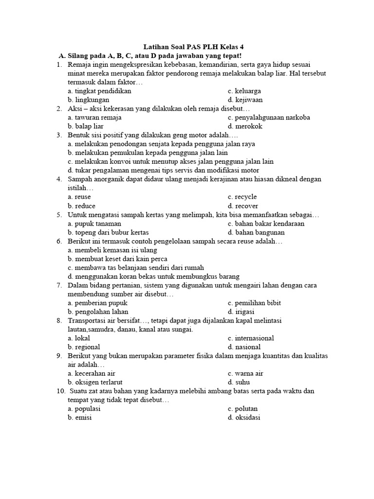 Latihan Soal PAS PLH Kelas 4 | PDF