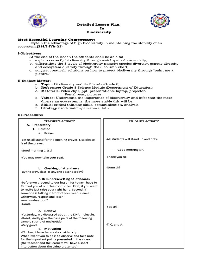 Biodiversity Lesson Plan for Grade 8 | PDF | Biodiversity | Species