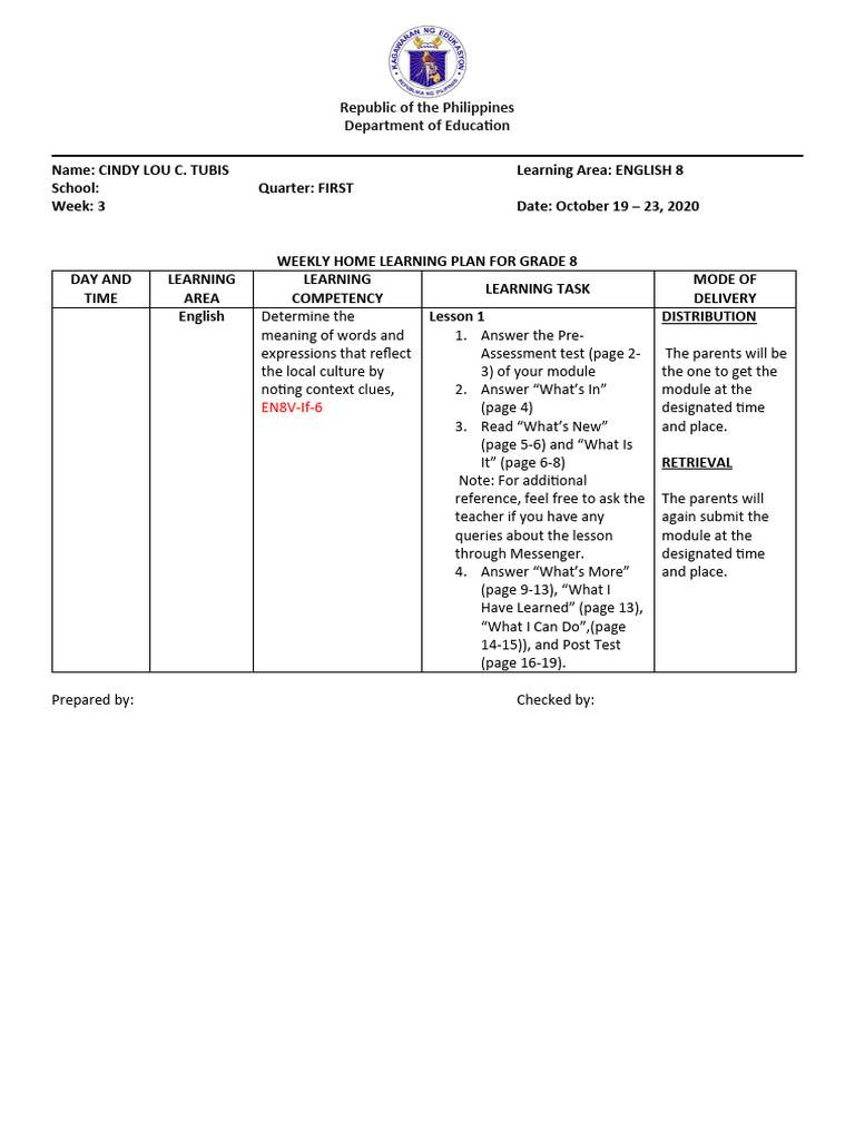 Weekly Learning Plan for Grade 8 English | PDF | Learning | Language ...