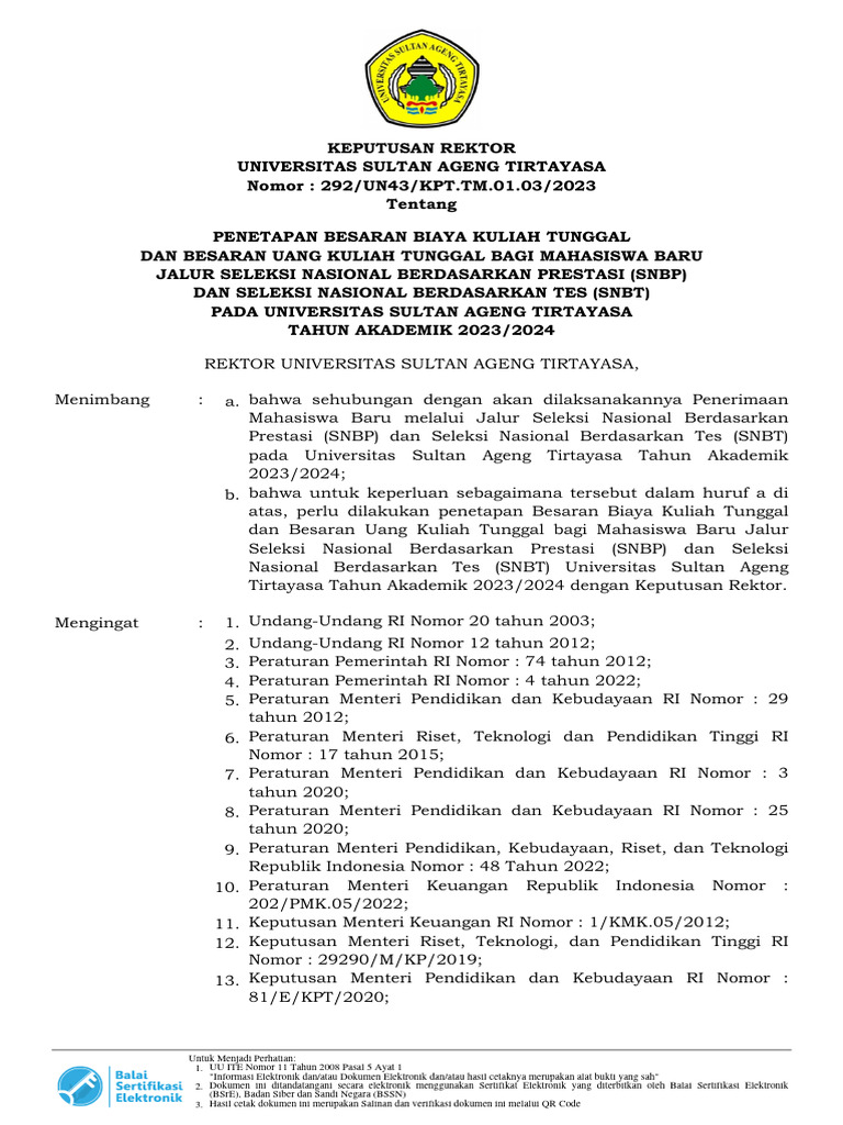 SK Besaran BKT Dan Ukt BG MHW Baru Jalur SNBP Dan SNBT Untirta 2023 2024 | PDF