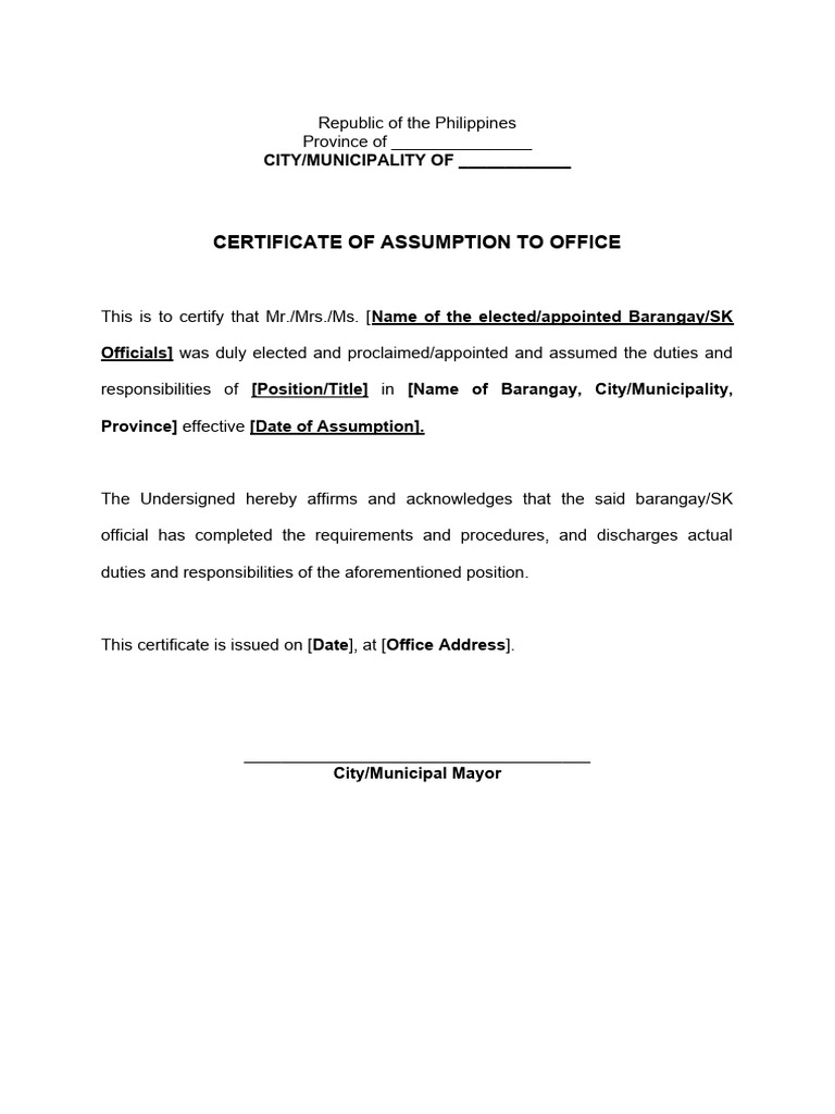 Template Certificate of Assumption To Office | PDF
