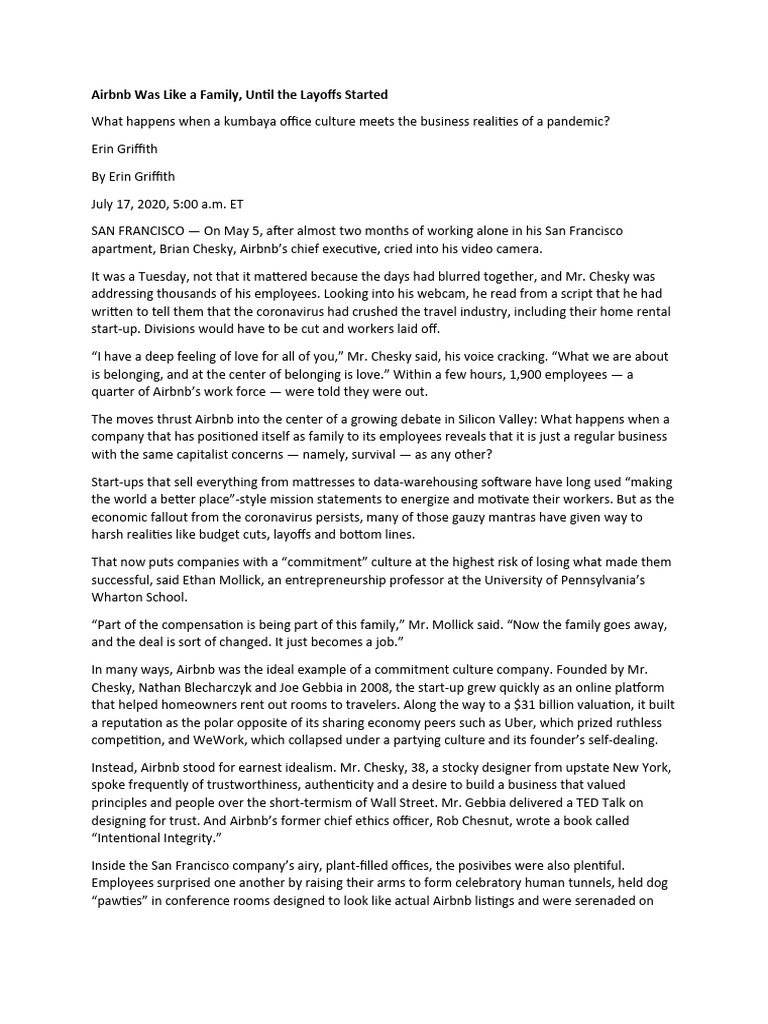Airbnb Was Like A Family | PDF | Airbnb | Layoff