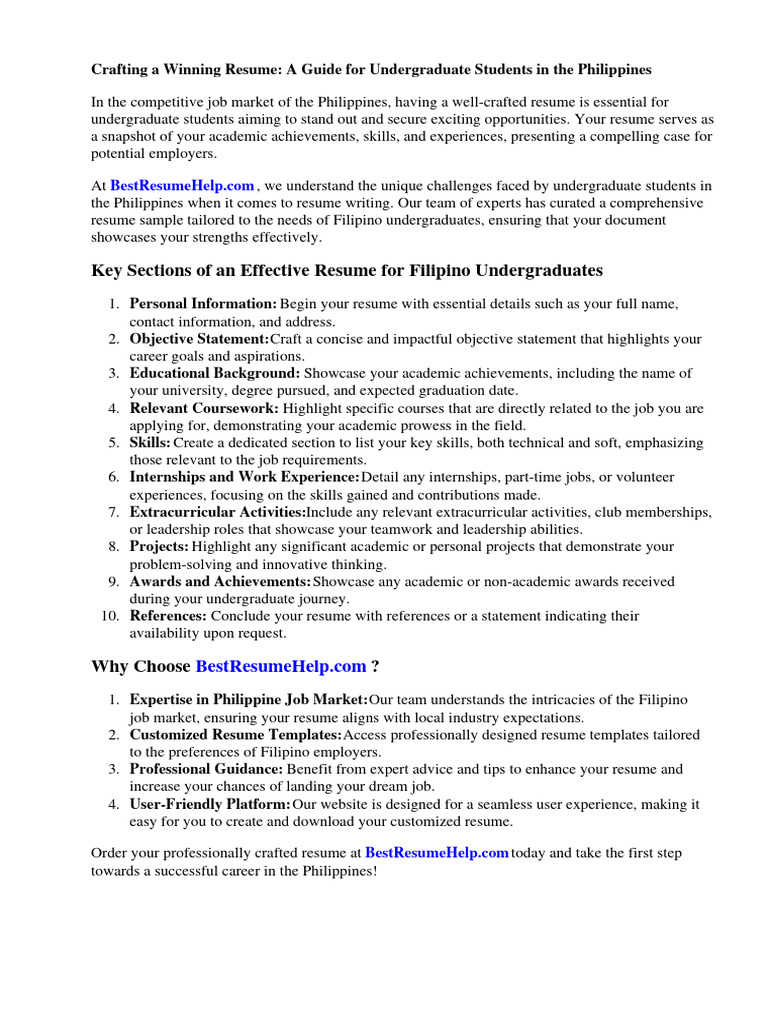 Resume Sample For Undergraduate Students Philippines | PDF