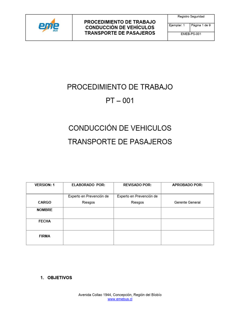 EMEB-PS-001 - Procedimiento Conducción de Vehículos Transporte de Pasajeros Wladimir | PDF ...