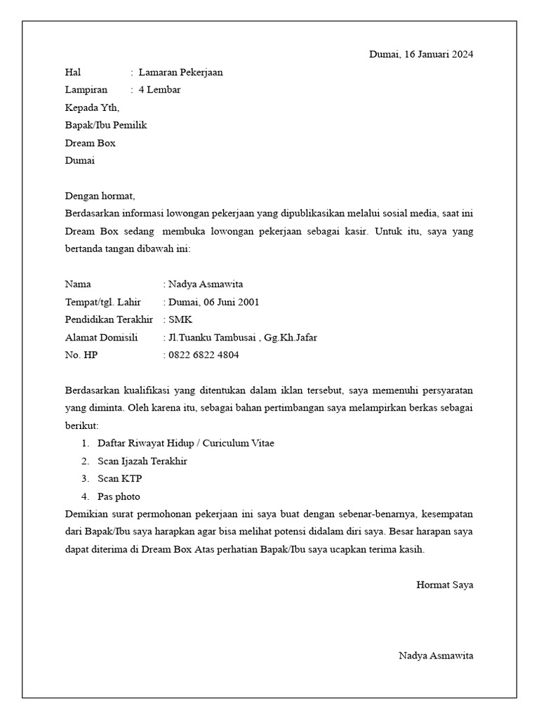 Surat Lamaran Kerja Wanda | PDF