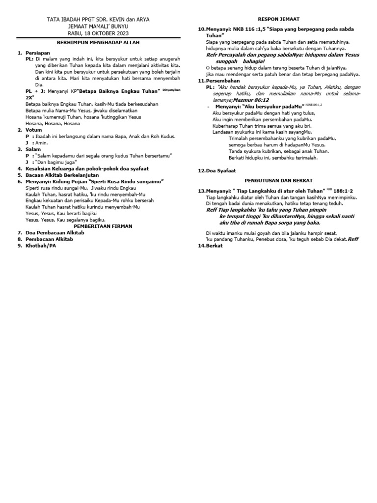 TATA IBADAH PPGT Rabu, 18-10-2023 | PDF