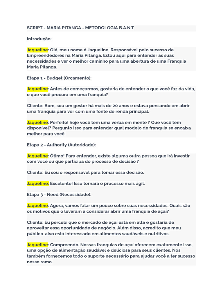 Script B.A.N.T Maria Pitanga | PDF | Empreendedorismo