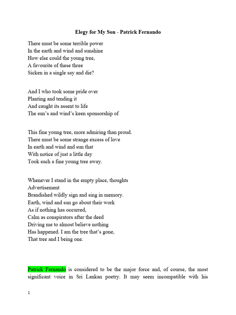 Elegy For My Son - Patrick Fernando | PDF | Poetry