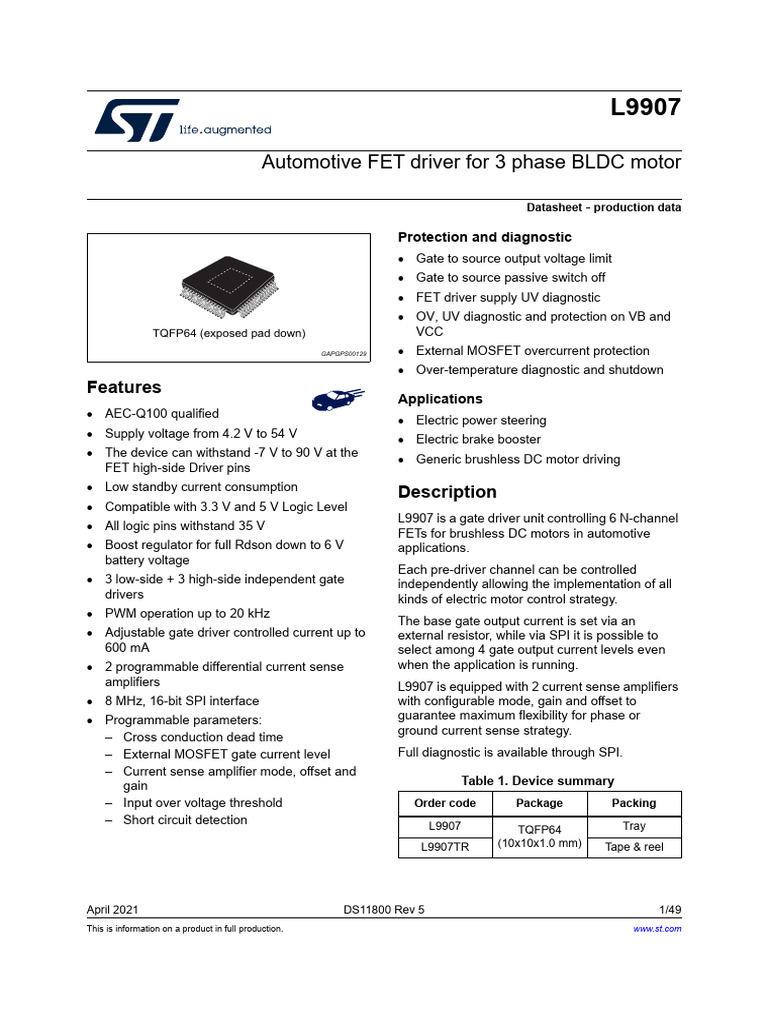 Automotive FET Driver For 3 Phase BLDC Motor: Features | PDF | Field ...