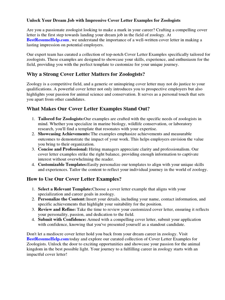 Cover Letter Examples Zoologist | PDF | Résumé | Zoology
