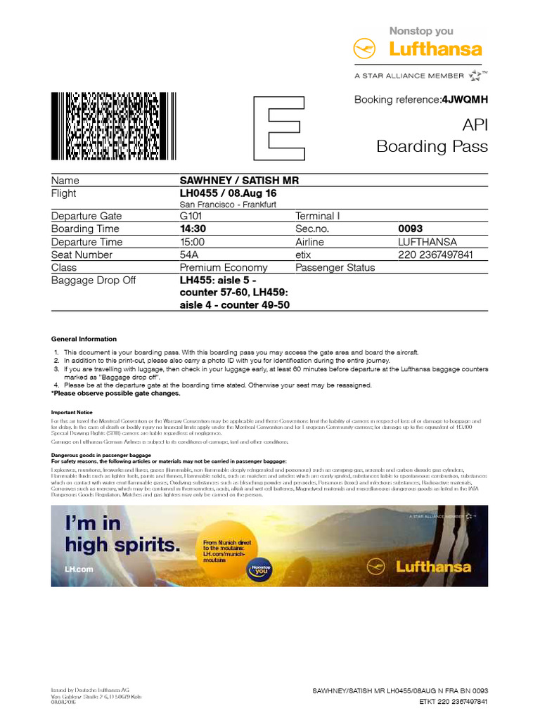 Lufthansa Boarding Pass Details | PDF | Baggage | Dangerous Goods