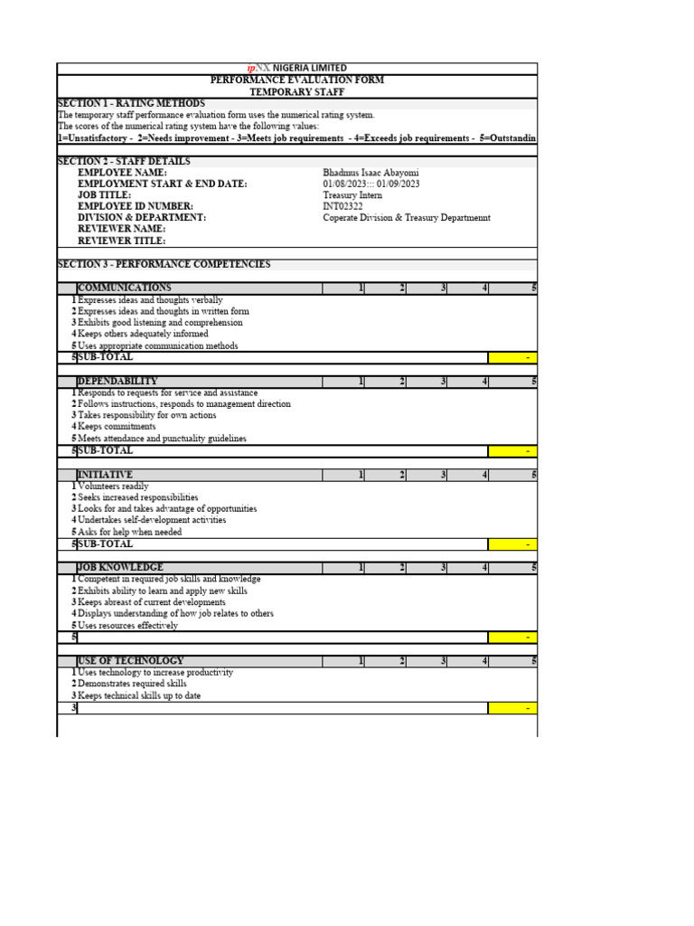 Temporary Staff Performance Evaluation Form | PDF