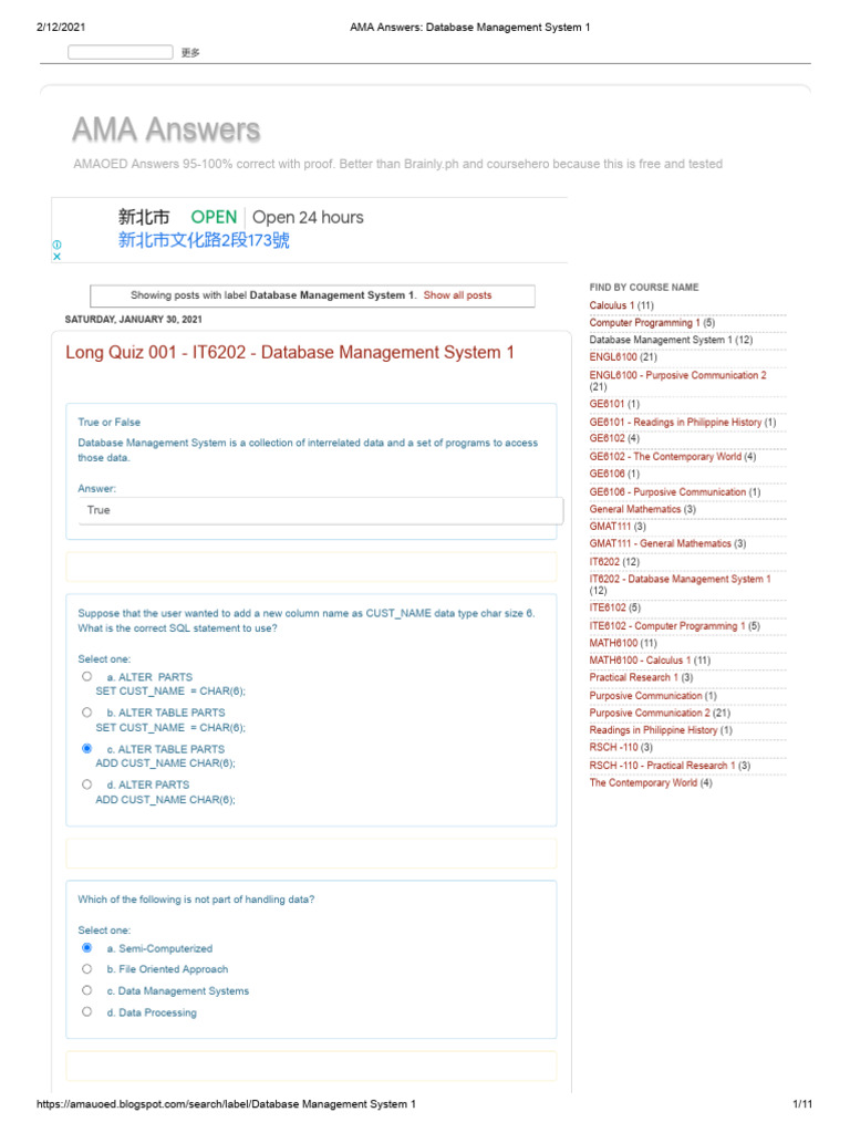 Long Quiz 001 - IT6202 - Database Management System 1 | Download Free ...
