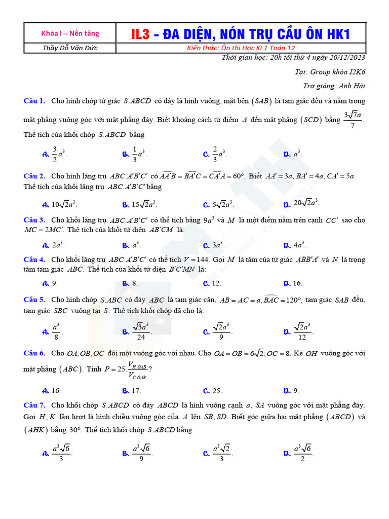 IL3 - Ôn Thi HK1, 15 Câu Khối Đa Diện Và Nón Trụ Cầu | PDF