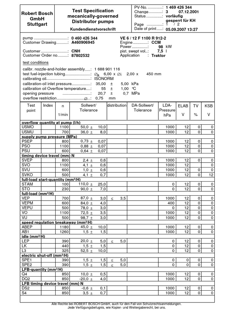 Plano de Teste Bosch 0460426344 | PDF | Gas Technologies | Quantity