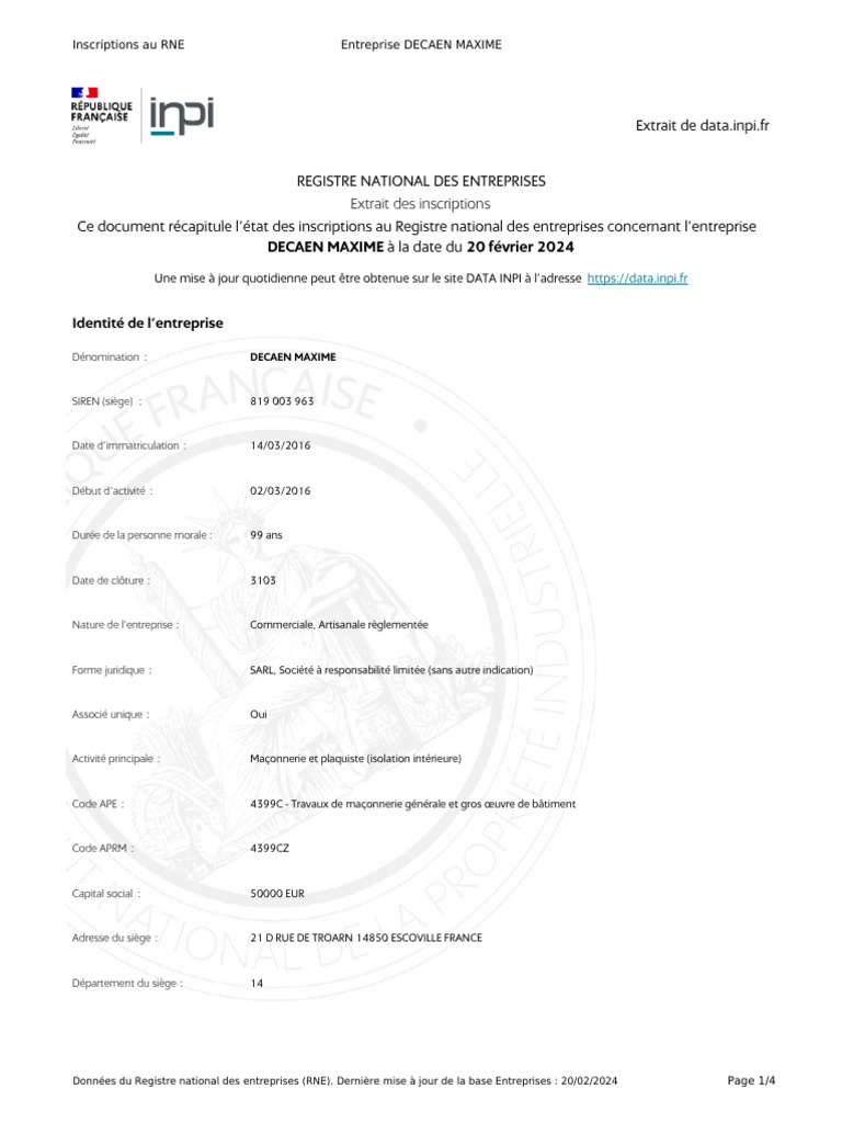 Extrait Immatriculation Inpi 819003963 | PDF