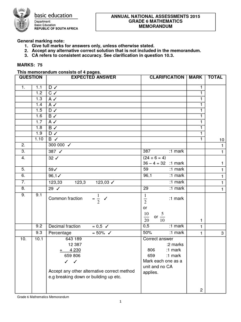 2015 Grade 6 Mathematics Memo - 2015 | PDF | Memorandum | Mathematics