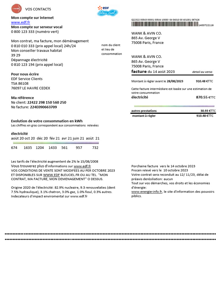 EDF France Proof of Address Utility Business Bill | PDF | Puissance ...