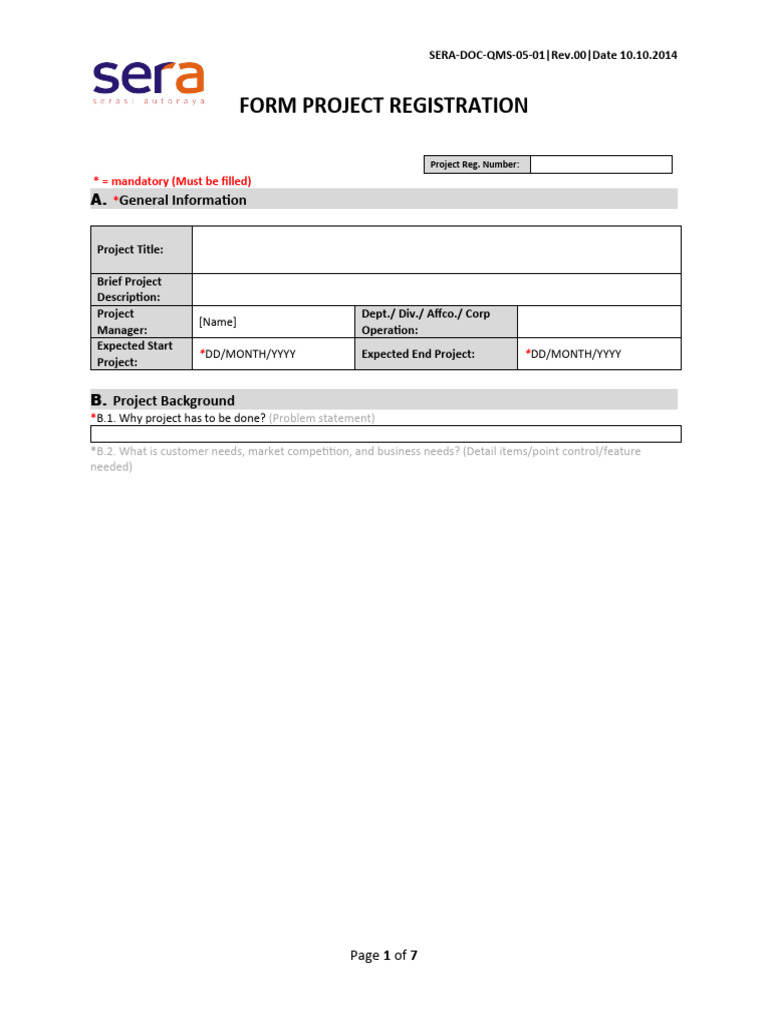 SERA-DOC-QMS-05-01 Rev 02 Date 26.11.2015 (Form Project Registration ...