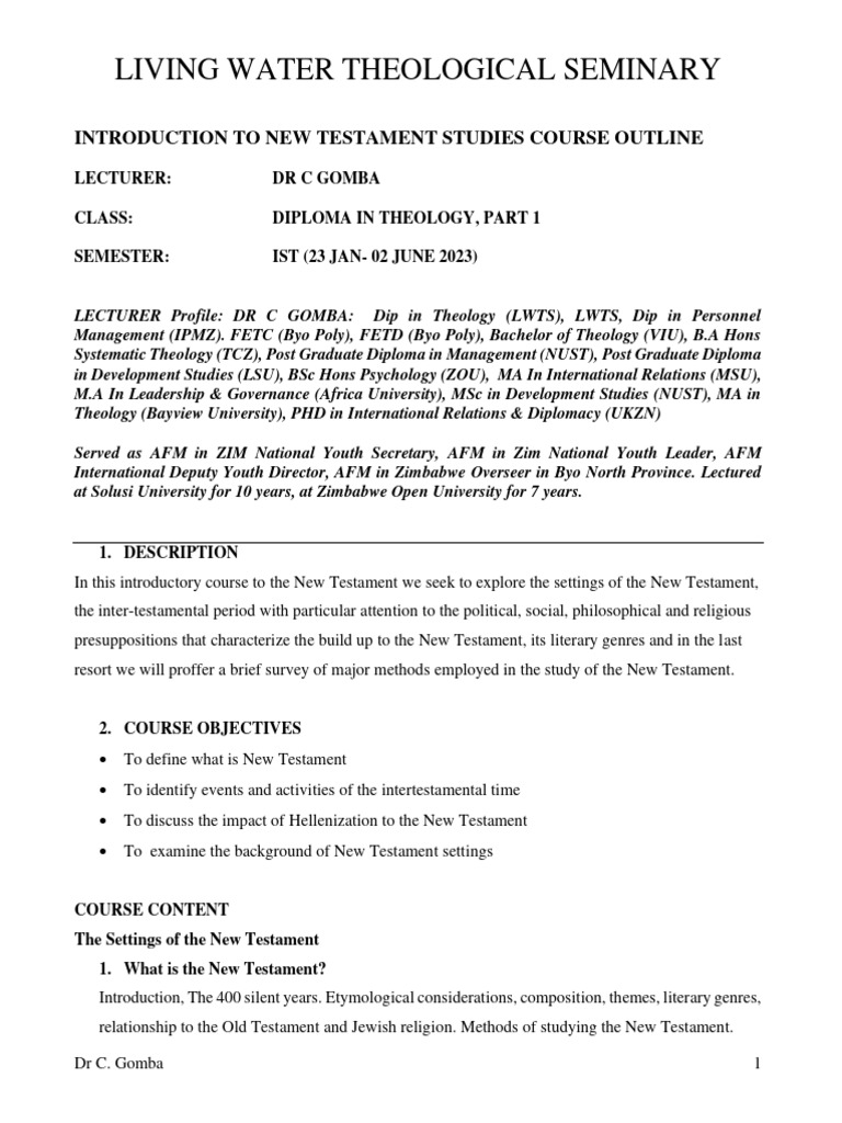 DR C. Gomba Introduction To New Testament Studies Course Outline | PDF ...