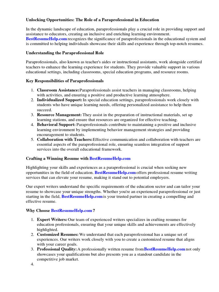 Paraprofessional Resume Skills and Abilities | PDF | Teachers | Special ...