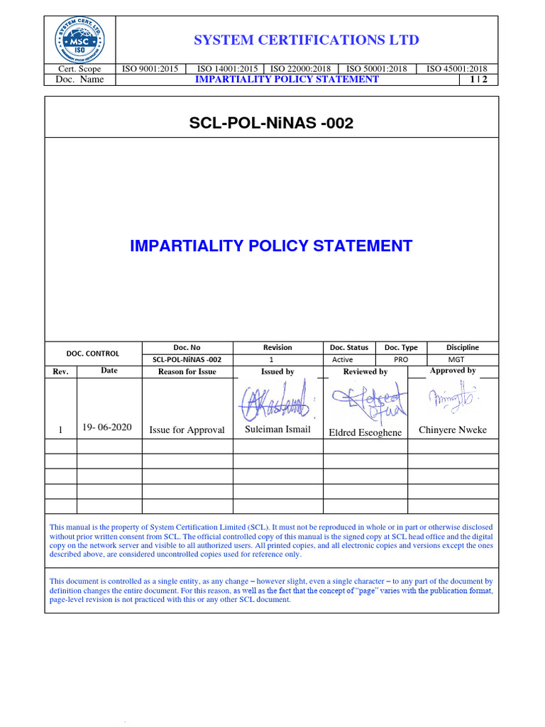 SCL-POL-NiNAS - 002 - Impartiality Policy Statement, Rev.1 | PDF | Audit | Iso 9000