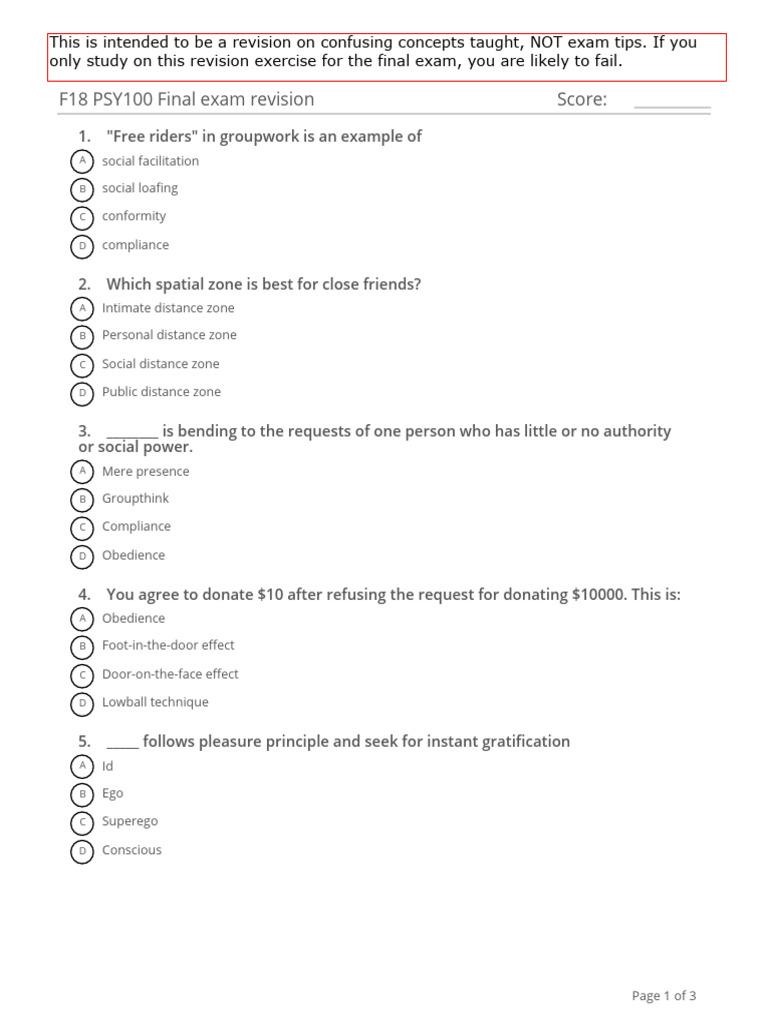 F18 PSY100 Exam Revision Guide | PDF | Mental Disorder | Id