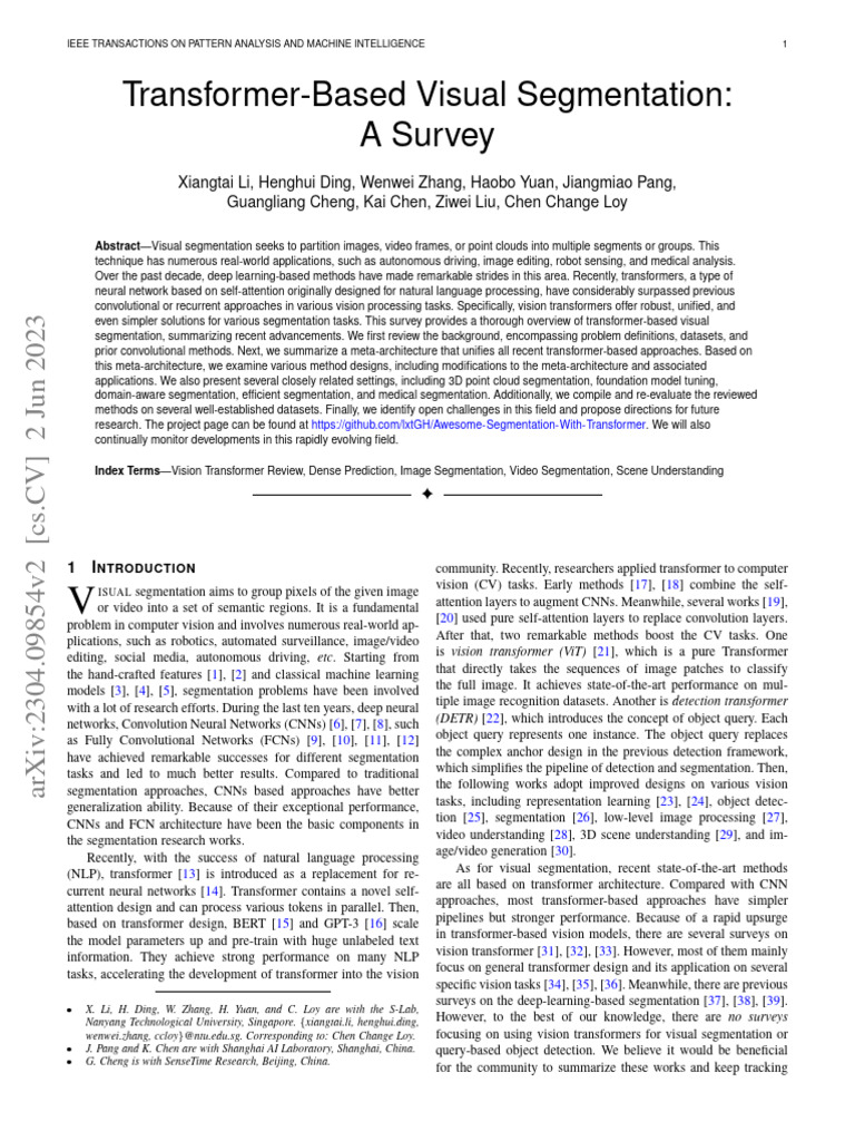 Transformer Based Visual Segmentation A Survey Pdf Image Segmentation Computer Vision