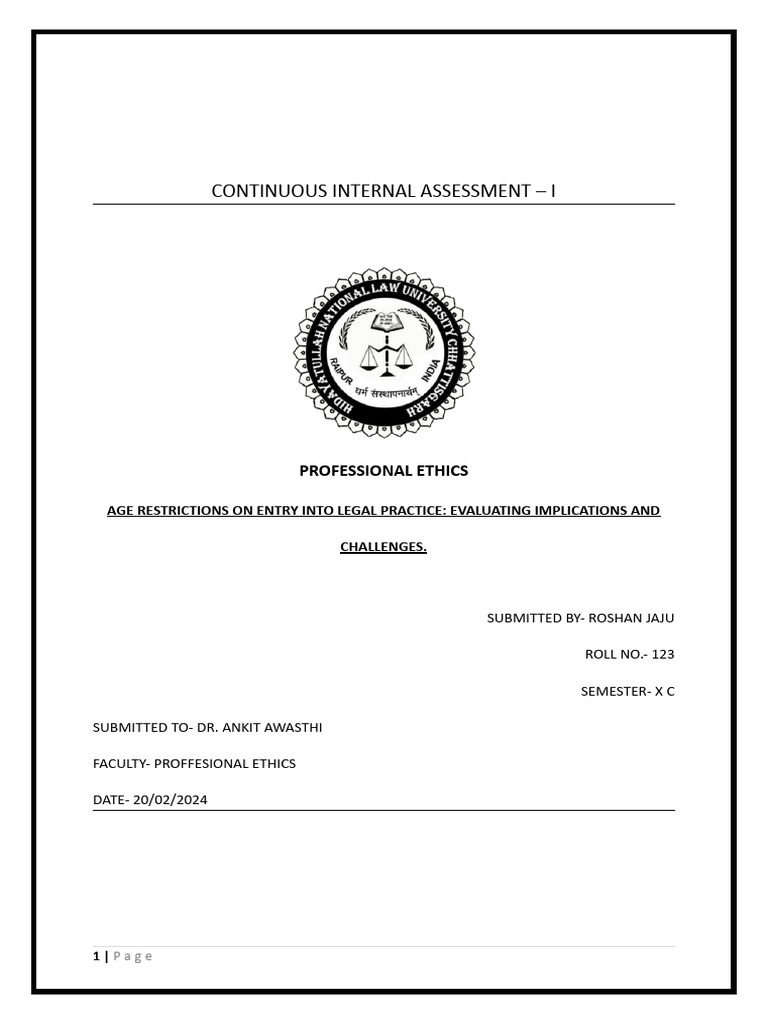 Continuous Internal Assessment - I: Professional Ethics | PDF