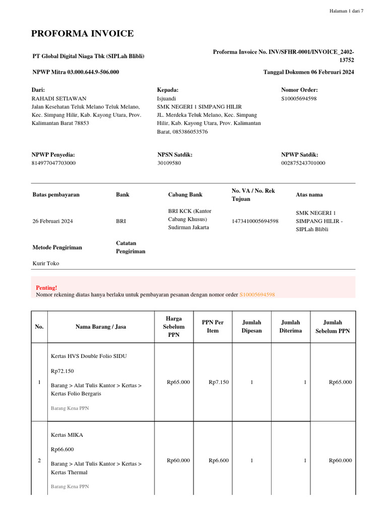 Proforma Invoice S10005694598 | PDF
