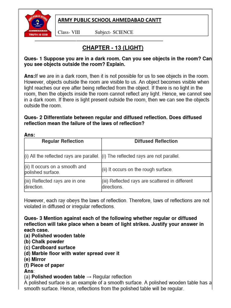 CLASS VIII SCIENCE CHAPTER-13 Light | PDF | Reflection (Physics) | Mirror