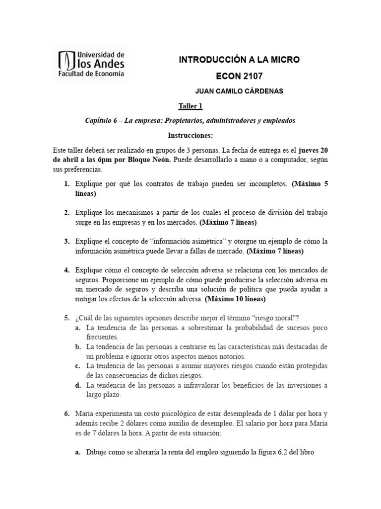 Taller 1 - Intro. Micro. 2 | PDF | Desempleo | Outsourcing