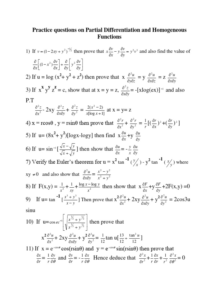 Practice Questions On Partial Differentiation and Homogeneous Functions ...