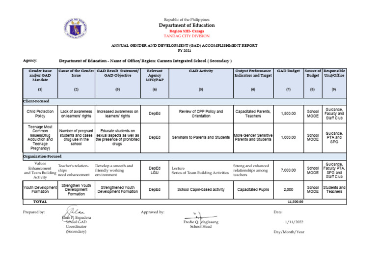 GAD-Plans-and-Budget-for-FY-2021-Carmen Integrated School (SECONDARY) | PDF
