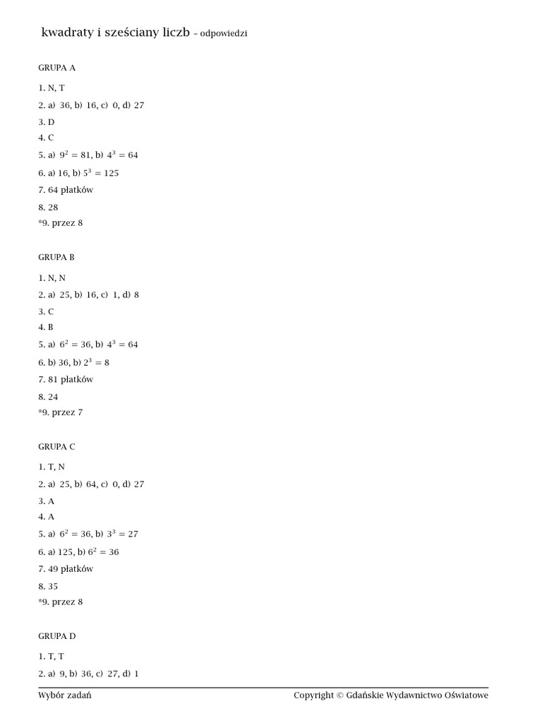 1.kwadraty I Sześciany Liczb-Odpowiedzi | PDF