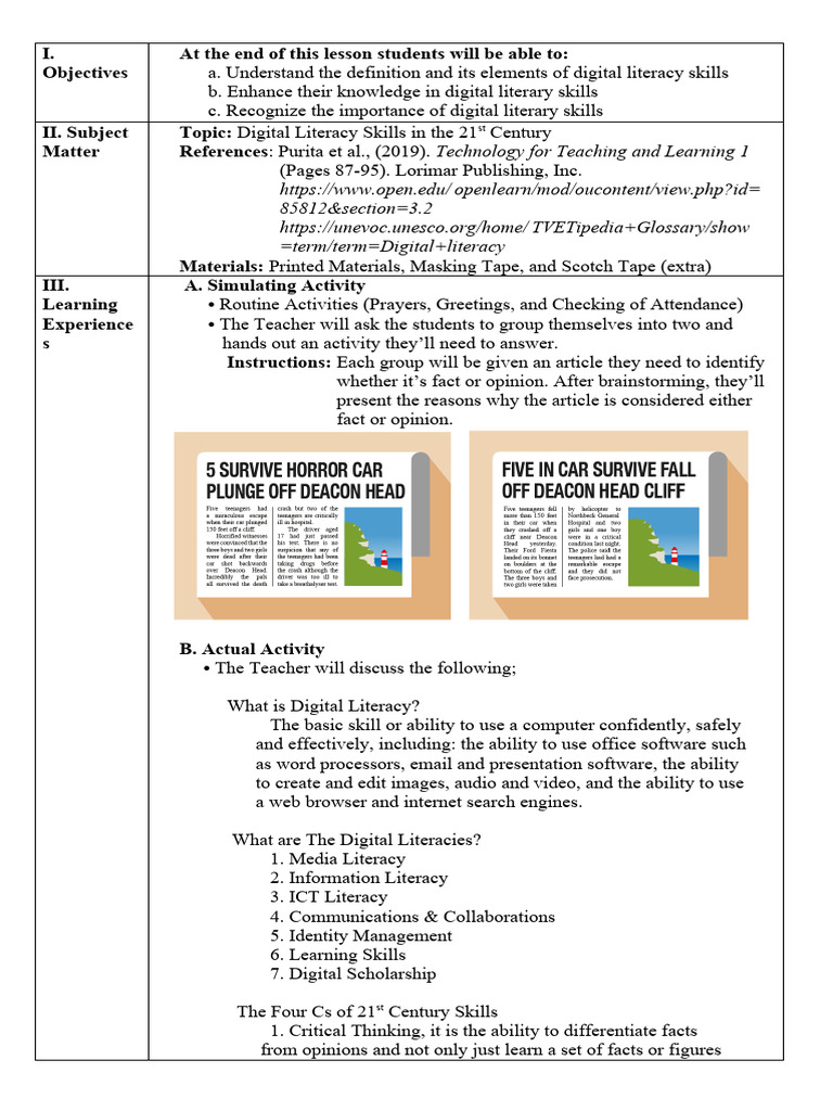 Digital Literacy Skills Lesson Plan | PDF | Literacy | Multimedia