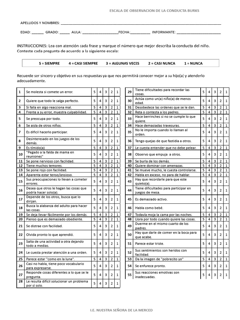 Protocolo - Escala para Padres de Observaci-N de La Conducta Del Ni-O | PDF | Las emociones ...