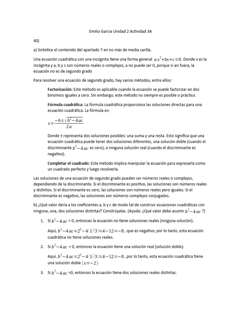 Emilio Garcia Actividad 3A | PDF | Ecuación cuadrática | Ecuaciones