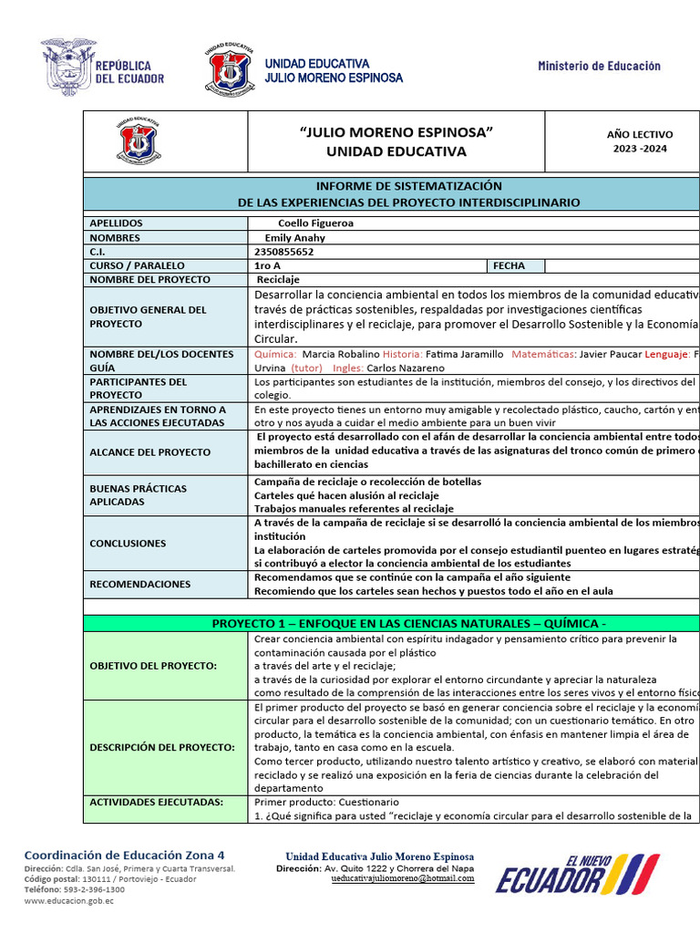 Proyecto Interdisciplinario Emily Coello 1ro A | PDF