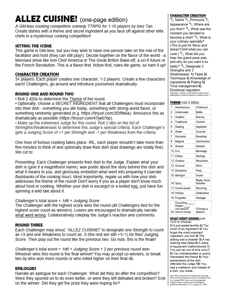 Allez Cuisine One-Page TTRPG by Inez Tan | PDF | Cooking | Cuisine
