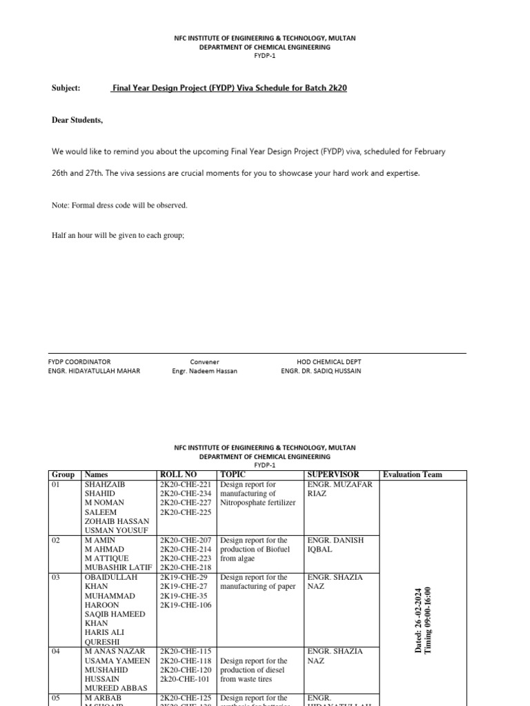 FYDP Alloment - Viva Schedule - | PDF | Chemical Substances | Chemistry