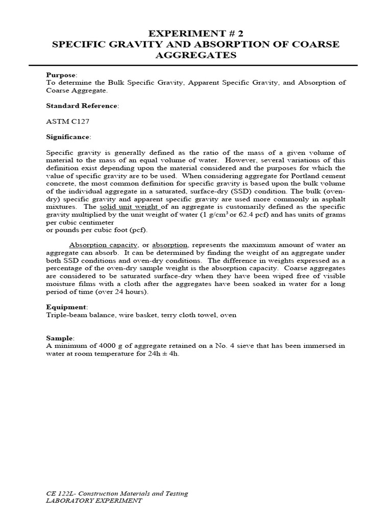 EXP-02_Specific-Gravity-and-Absorption-of-CA (2) | PDF | Construction Aggregate | Weight