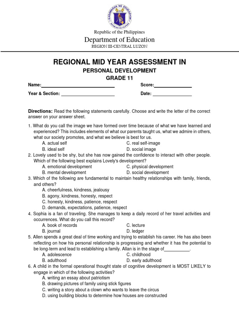 Grade 11 Personal Development Assessment | PDF | Adolescence | Family