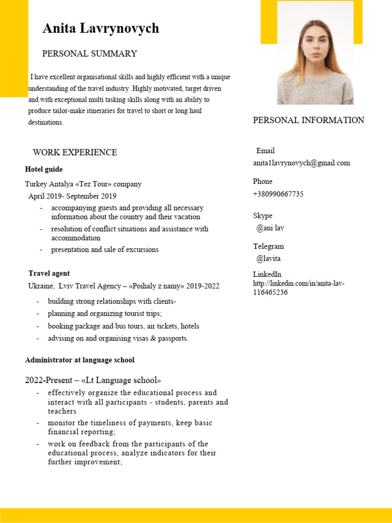 CV Anita Lavrynovych Travel Manager 2 | PDF | Tourism