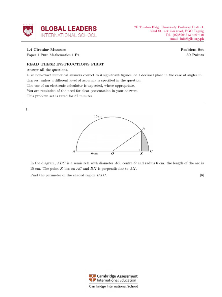 P1 Circular Measure Problem Set | PDF | Circle | Angle