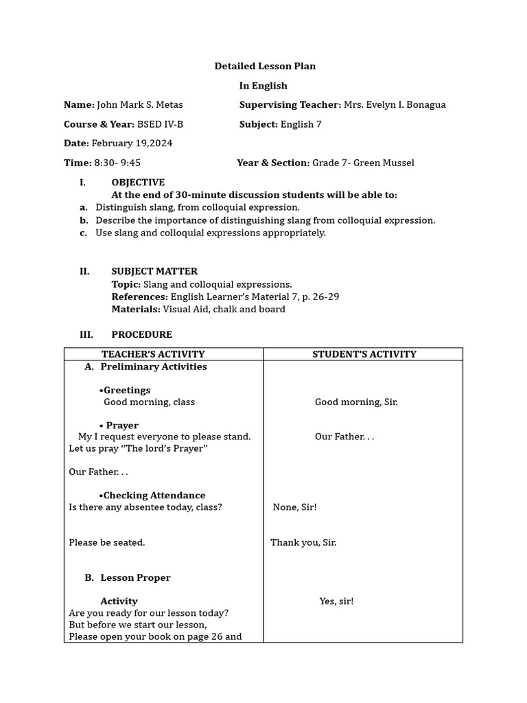 Detailed Lesson Plan - Docx SLANG COLLOQUIAL | Download Free PDF ...