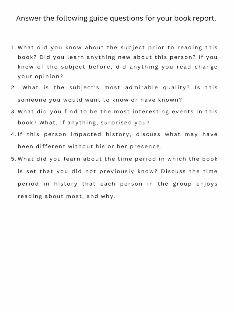 Guide Questions-Book Report Grade 11 | PDF
